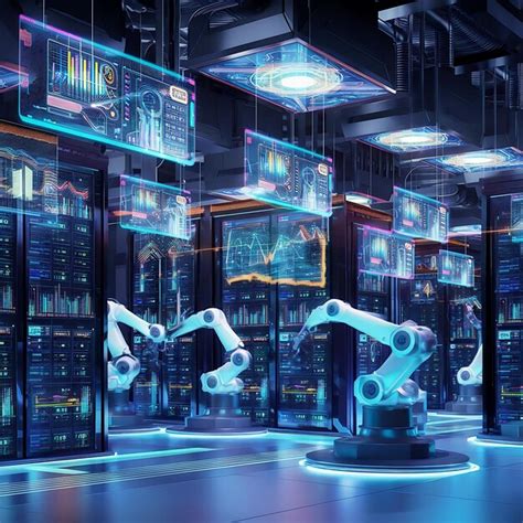 a futuristic data center glows with holographic displays and advanced