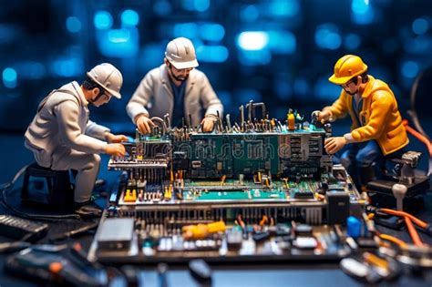 Miniature Technicians Tiny Toys Team Of Engineers Repairing Keyboard Computer Laptop Stock