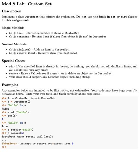 Solved Mod 8 Lab Custom Set Description Impliment A Class Chegg Com