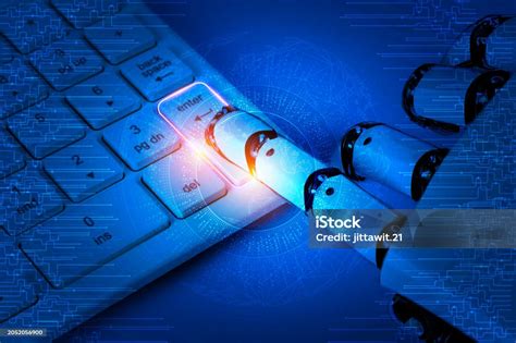 closeup of robotic hand pressing enter key on keyboard technology