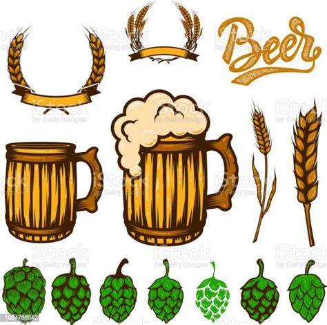 맥주 디자인 요소 집합입니다 밀 Spikelets 맥주 홉 머그컵입니다 로고 라벨 상징 기호 포스터 배너 전단지에 대 한 맥주에 대한 스톡 벡터 아트 및 기타 이미지