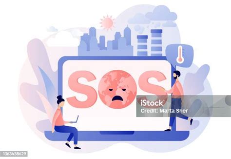 기후 변화 지구 온난화 개념 Sos 노트북 화면에 텍스트 지구를 구하려고 노력하는 작은 사람들 세계 환경의 날 생태 위험 대기 오염 현대 플랫 만화 스타일 벡터