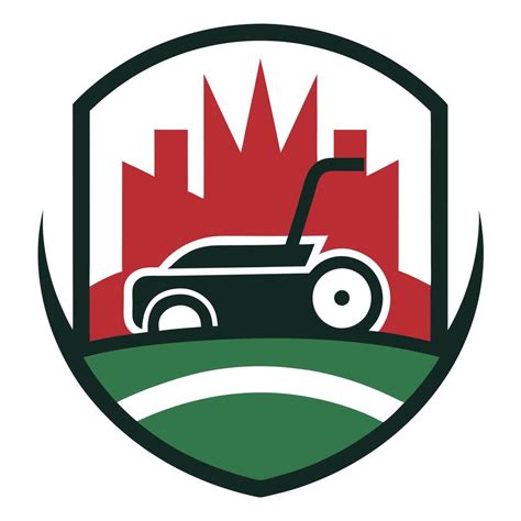 Lawn Mower Logo Icon Shield Design With Green Lawn And Red Cityscape