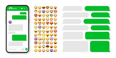 스마트폰 메시징 앱 이모티콘이 있는 사용자 인터페이스 디자인 Sms 텍스트 프레임입니다 녹색 메시지 풍선이 있는 채팅 화면 커뮤니케이션을 위한 문자 메시지 앱 소셜 미디어