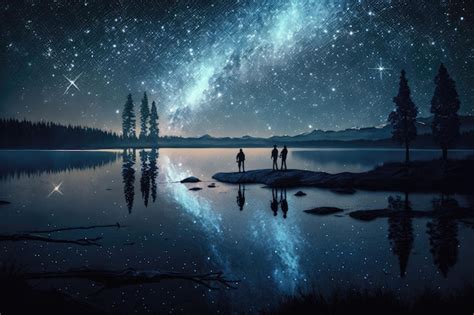 아름다운 별이 빛나는 하늘 아래 호수 옆에 서있는 사람들 Ai 생성 프리미엄 사진