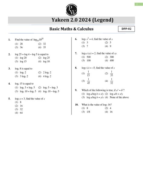 64667e5d6011730018360d5d Basic Maths And Calculus Dpp 02 Yakeen Pdf Teaching Methods