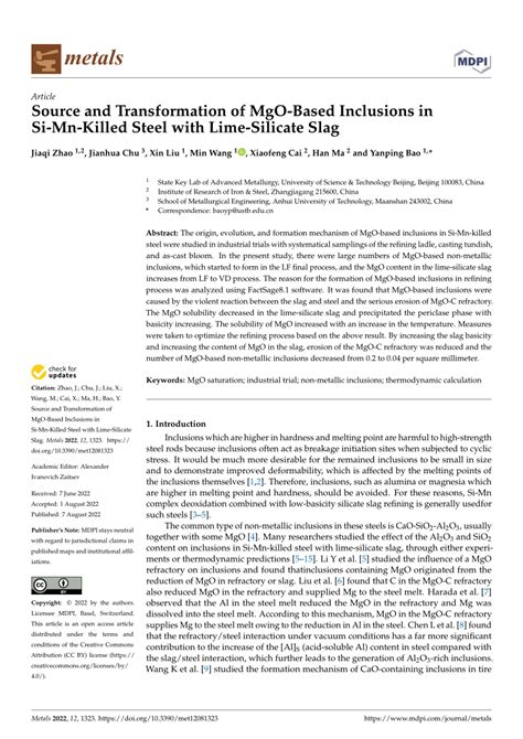 Pdf Source And Transformation Of Mgo Based Inclusions In Si Mn Killed Steel With Limesilicate