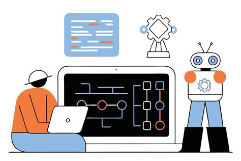 person with laptop robot code block and award on white background