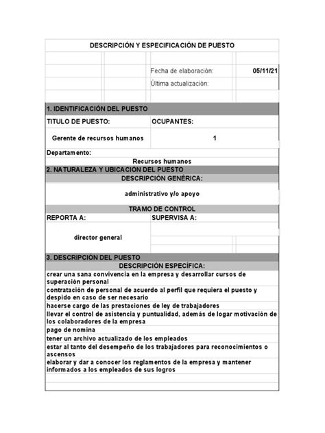 Descripción Y Especificación De Puesto Pdf Gestión De Recursos