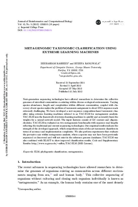 pdf metagenomic taxonomic classification using extreme learning machines