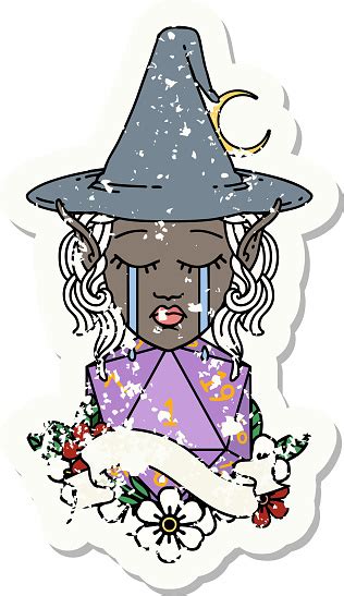 레트로 문신 스타일 우는 엘프 마법사 캐릭터 얼굴 자연 하나 D20 롤 굴리기에 대한 스톡 벡터 아트 및 기타 이미지 굴리기