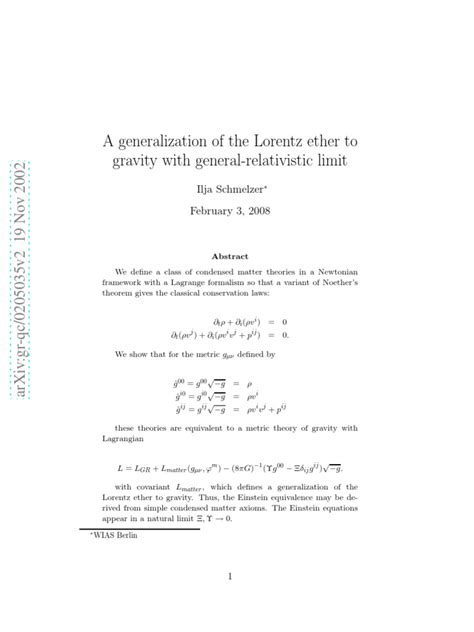 Ilja Schmelzer A Generalization Of The Lorentz Ether To Gravity With General Relativistic
