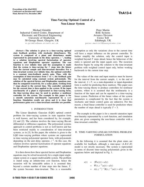 Pdf Time Varying Optimal Control Of A Non Linear System