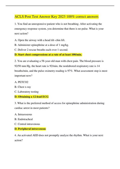 Acls Post Test Answer Key 2023 100 Correct Answers Acls Post Stuvia Us