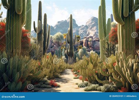 Symmetrical Shot Of Tall Columnar Cacti In Landscape Royalty Free Stock