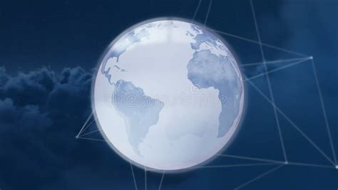animation of globe and connected dots over aerial view of dense clouds