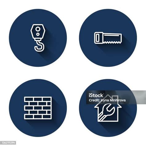 긴 그림자렌치 스패너와 세트 라인 크레인 후크 손 톱 벽돌과 집 파란색 원 버튼입니다 벡터 건설 기계류에 대한 스톡 벡터 아트 및 기타 이미지 Istock