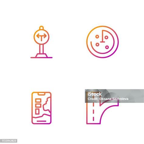 라인 도로 교통 표지판 도시지도 내비게이션 도로의 포크 및 표적 모니터가있는 레이더를 설정합니다 그라데이션 색상 아이콘입니다 벡터 간판에 대한 스톡 벡터 아트 및 기타