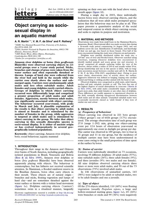 Pdf Object Carrying As Socio Sexual Display In An Aquatic Mammal