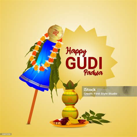 행복한 구디 파드와의 전통 칼라시 칸나다 새해 축하 배경 Gudi Padwa에 대한 스톡 벡터 아트 및 기타 이미지 Gudi