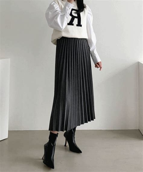 가을 겨울 기계 주름 플리츠 기모 모직 정장 오피스룩 출근룩 루즈핏 밴딩 롱 스커트