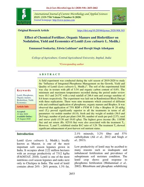 Pdf Effect Of Chemical Fertilizer Organic Manure And Biofertilizer