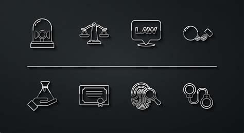 설정 라인 노출증 사이렌 뇌물 돈 가방 공 체인 지문 인증서 템플릿 정의의 저울 수갑 및 위치 법률 아이콘 벡터 가방에 대한 스톡 벡터 아트 및 기타 이미지 Istock