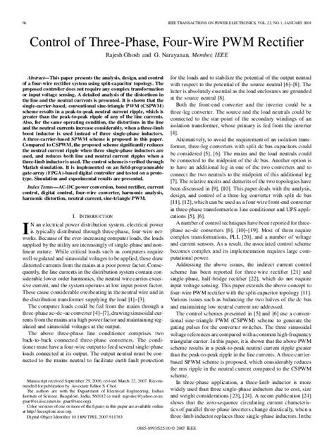 Pdf Control Of Three Phase Four Wire Pwm Rectifier