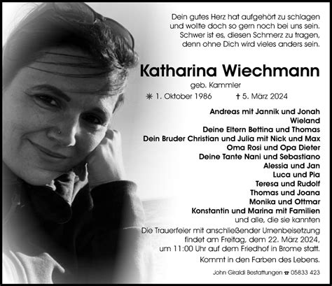 Traueranzeigen Von Katharina Wiechmann Trauer Anzeigen De