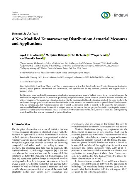 Pdf A New Modified Kumaraswamy Distribution Actuarial Measures And