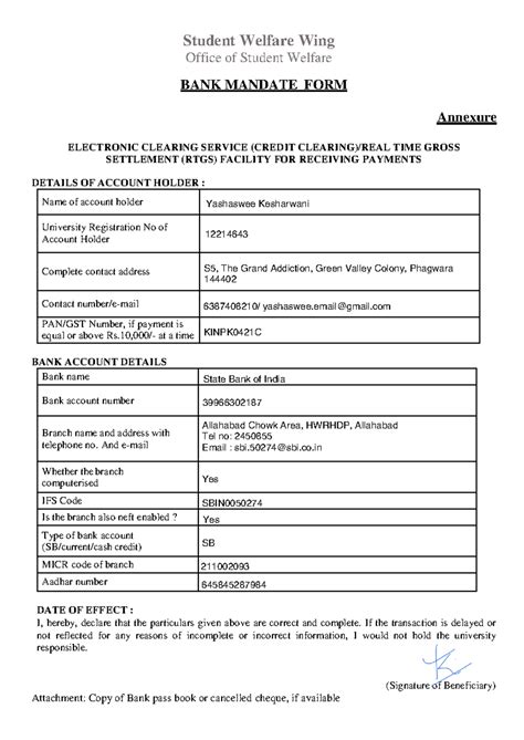 Mandate Dddddd Babe Welfare Wing Office Of Babe Welfare BANK MANDATE FORM Annexure