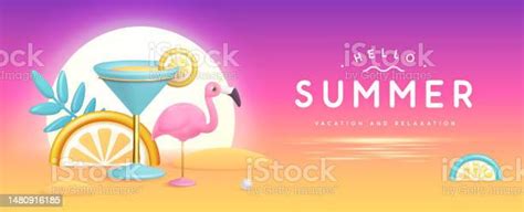 3d 플라스틱 칵테일 열대 과일 플라밍고가 있는 여름 파티 배경 벡터 그림 0명에 대한 스톡 벡터 아트 및 기타 이미지 0명 3차원 형태 계절 Istock