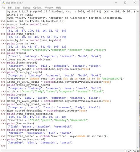 Python Shell Session On Sorting Lists For Numeric Lists Use Of Hex Function For String Lists