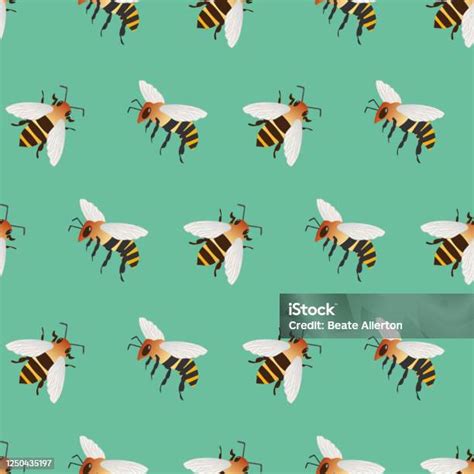 꿀벌 벡터 원활한 패턴 배경 청록색 배경에 줄무늬 곤충의 섬세한 손으로 그린 혼합 정원 버그 그림 반복 여름 음식 보존 컨셉을 위한 프린트 벌에 대한 스톡 벡터 아트 및