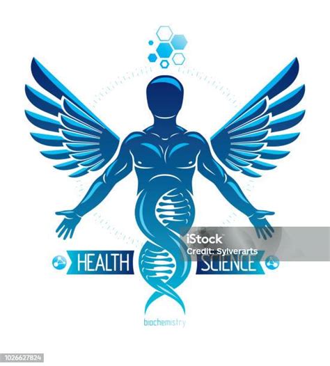 벡터 일러스트 레이 션 강한 남자의 Dna 기호 연속으로 묘사 하 고 새 날개를 사용 하 여 만든 분자의 유전학 Dna에 대한