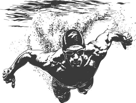 Black And White Illustration Of A Determined Male Swimmer In A Swim Cap