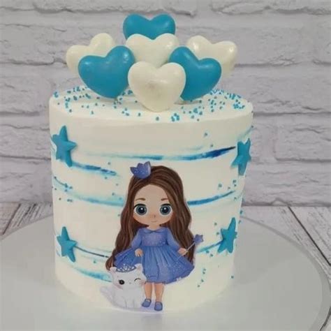 خرید و قیمت کیک تولد خانگی با فوندانت قلب آبی بچه گانه و دختر ونه چاپ
