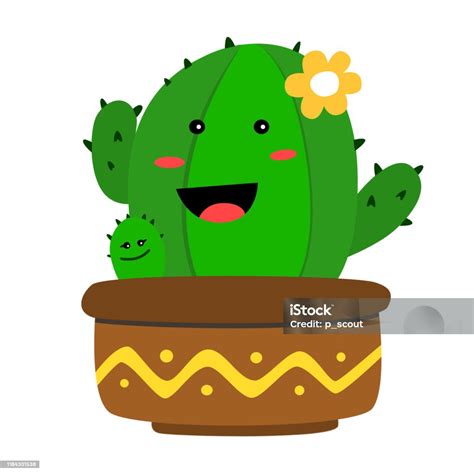Vektorcartoonillustration Comicfigur Kaktus Mädchen Mit Einem Kind In