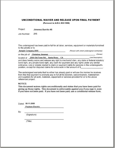 Unconditional Lien Waiver Template Templates Hexagon