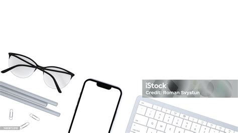 스마트폰 연필 키보드 복사 공간이 있는 흰색 배경에 안경이 있는 사무실 책상 작업 공간의 상단 보기 비즈니스 크리에이티브 디자이너 스타트업 개념 3d 렌더링 3차원 형태에