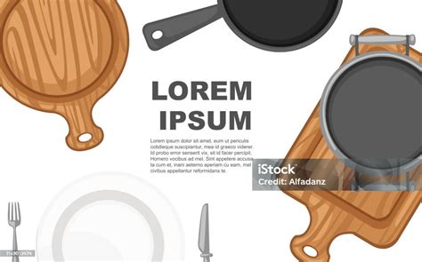 주방 용품 세트 나무 도마 팬 프라이팬과 흰색 세라믹 플레이트 웹 사이트 또는 레스토랑 메뉴 라벨에 대한 다채로운 개념 흰색 배경의 플랫 벡터 일러스트레이션 0명에 대한