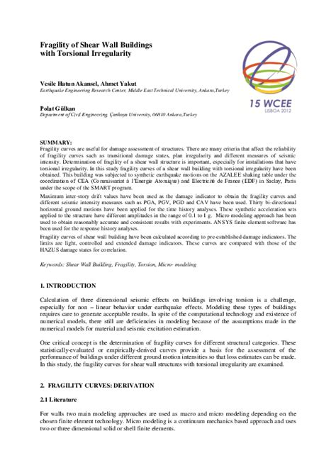 Pdf Fragility Of Shear Wall Buildings With Torsional Irregularity