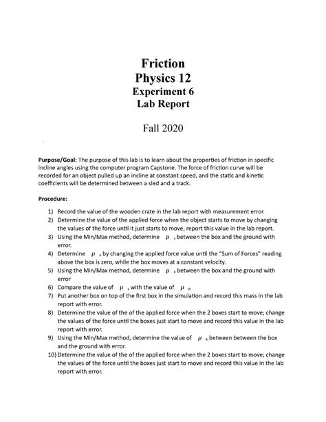 Lab Experiment 6 Friction Physics 12 Experiment 6 Lab Report Fall 2020 The Purpose Of This Lab