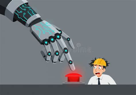 Ai Robot Hand Pressing Red Button While Surprised Engineer Watches