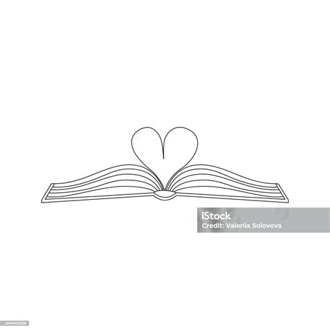 하트 모양으로 접힌 페이지가 있는 책을 낙서합니다 지식 학습 독서 문학의 상징 책 애호가를 위한 컨셉입니다 손으로 그린 검은 흰색 격리된 벡터 그림입니다 서점에 대한 스톡