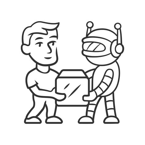 Transactional Bot Linear Icon Artificial Intelligence Partner Bot Man And Robot Holding Box