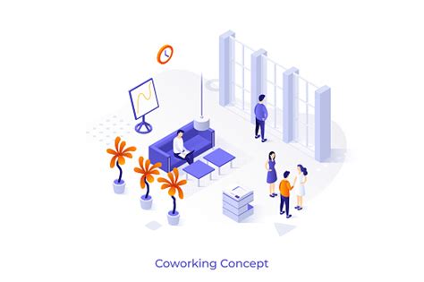 컴퓨터에서 작업하고 비즈니스 회의 또는 모임 중에 이야기하는 사람들과 함께 개념적 템플릿입니다 프리랜서 근로자를 위한 코워킹 스페이스 또는 공간 웹 사이트에 대 한 현대