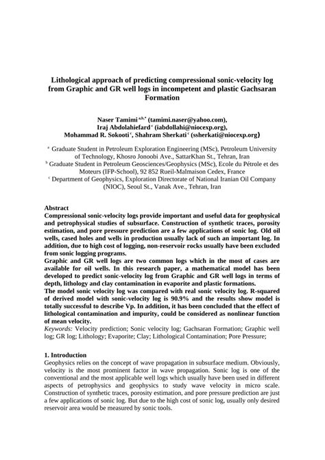 Pdf Lithological Approach Of Predicting Compressional Sonic Velocity Log From Graphic And Gr
