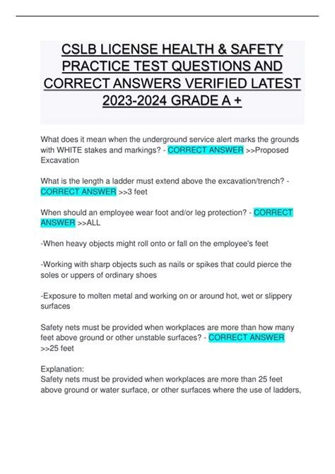 Cslb License Health And Safety Practice Test Questions And Correct