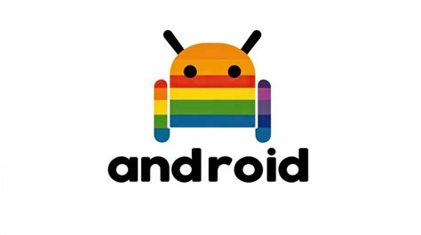 Logo Text Android With An Illustration A Rainbow Colored Android Head On A White Background